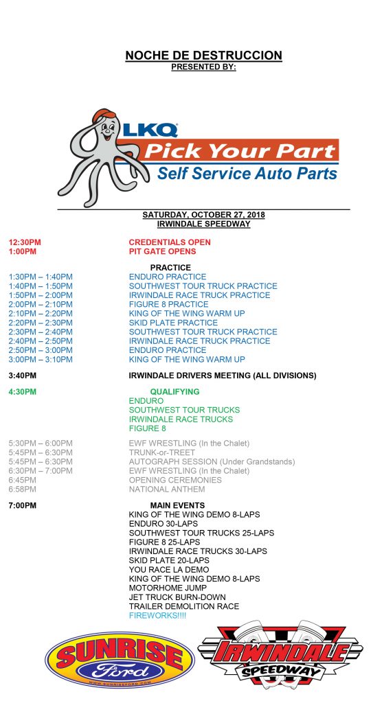 COMPETITION NEWS: 10-27 EVENT SCHEDULE – Irwindale Speedway