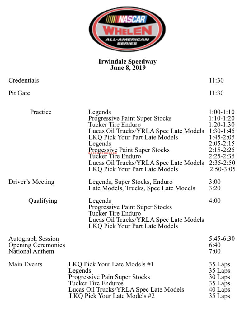 Competition Schedule for June 8th – Irwindale Speedway