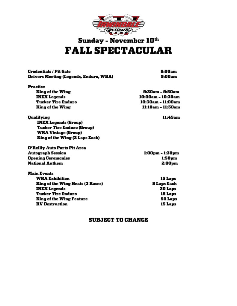 Competition Schedule Sunday 11/10 – Irwindale Speedway