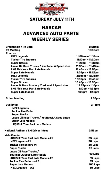 Competition Schedule July 11th – Irwindale Speedway